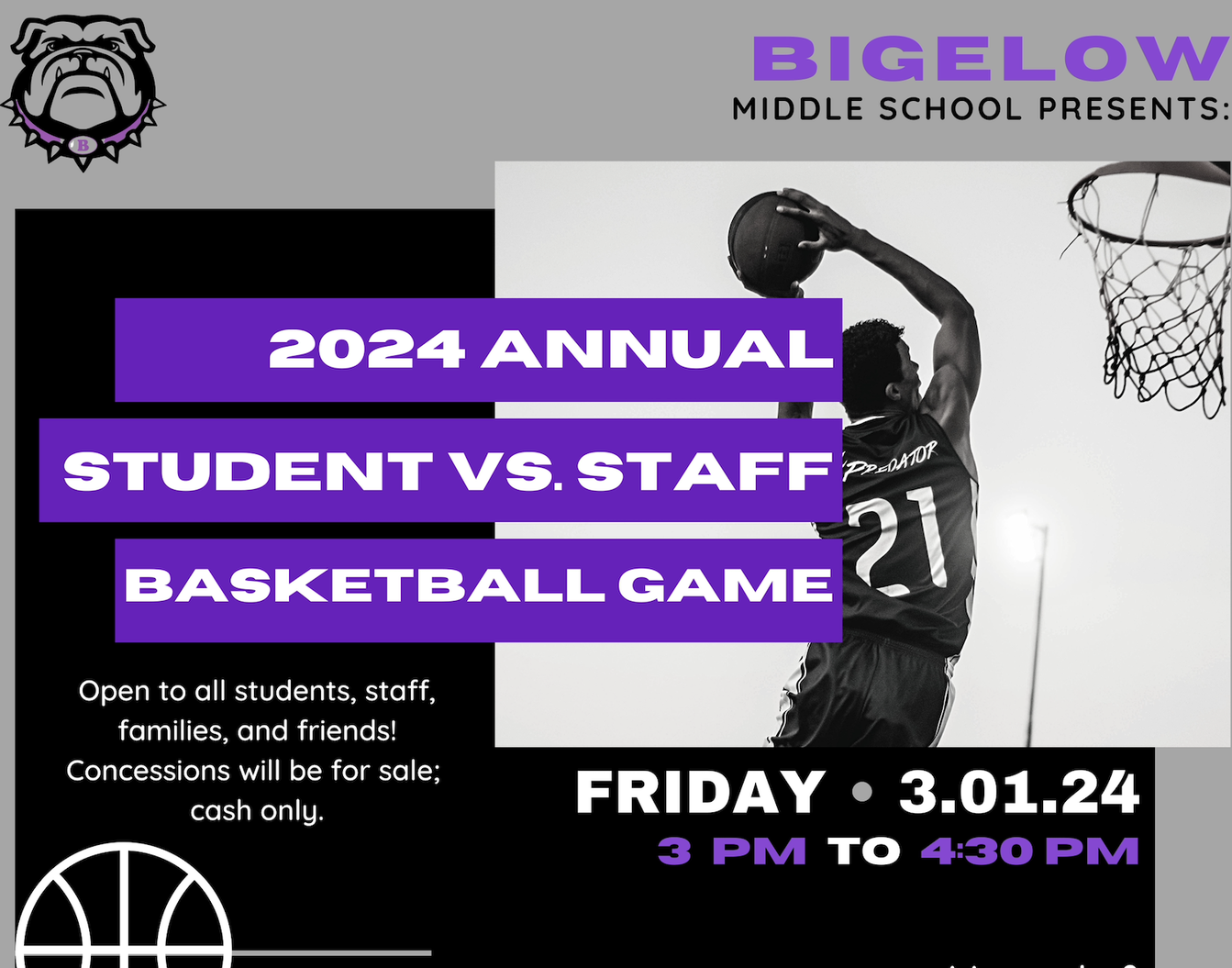 Student vs. Staff Basketball Game: Friday, March 1, 3-4:30 pm | Bigelow PTO